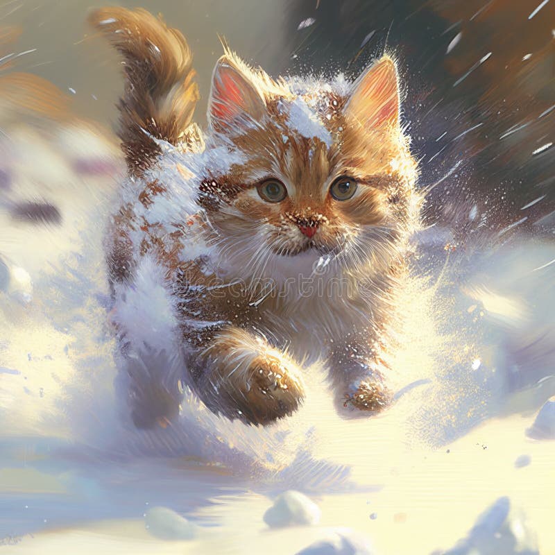 Kitten Running in the Snow stock illustration. Illustration of style ...