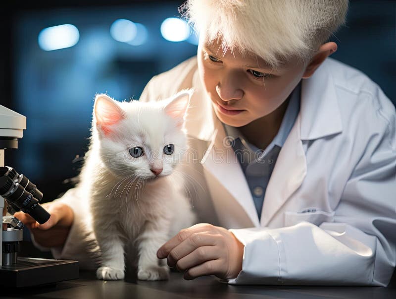 Kitten Scientist Examines Mini Microscope Stock Illustration ...