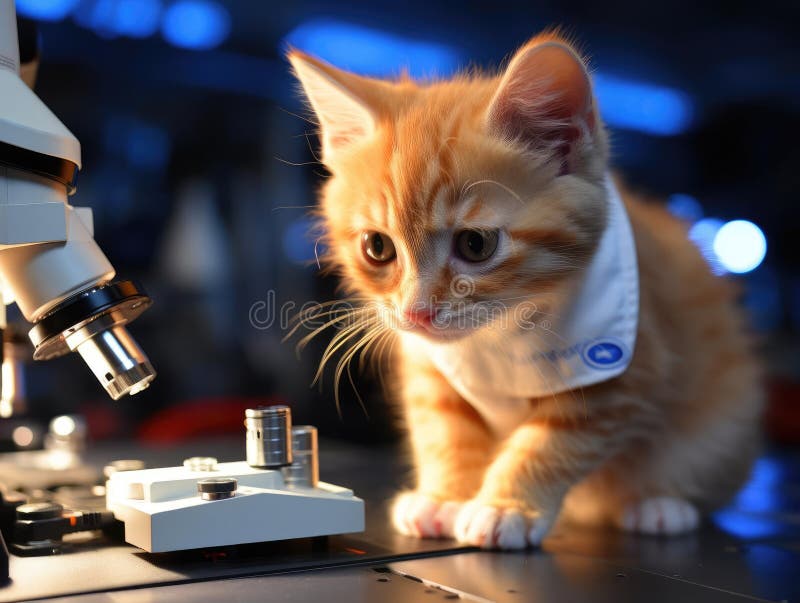 Kitten Scientist Examines Tiny Microscope Stock Illustration ...