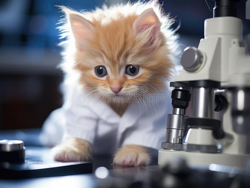 Kitten Scientist Examines Tiny Microscope Stock Illustration ...