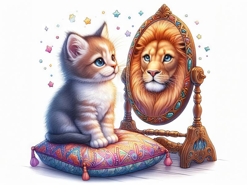 Kitten Seeing Inner Lion in Reflection Stock Illustration ...