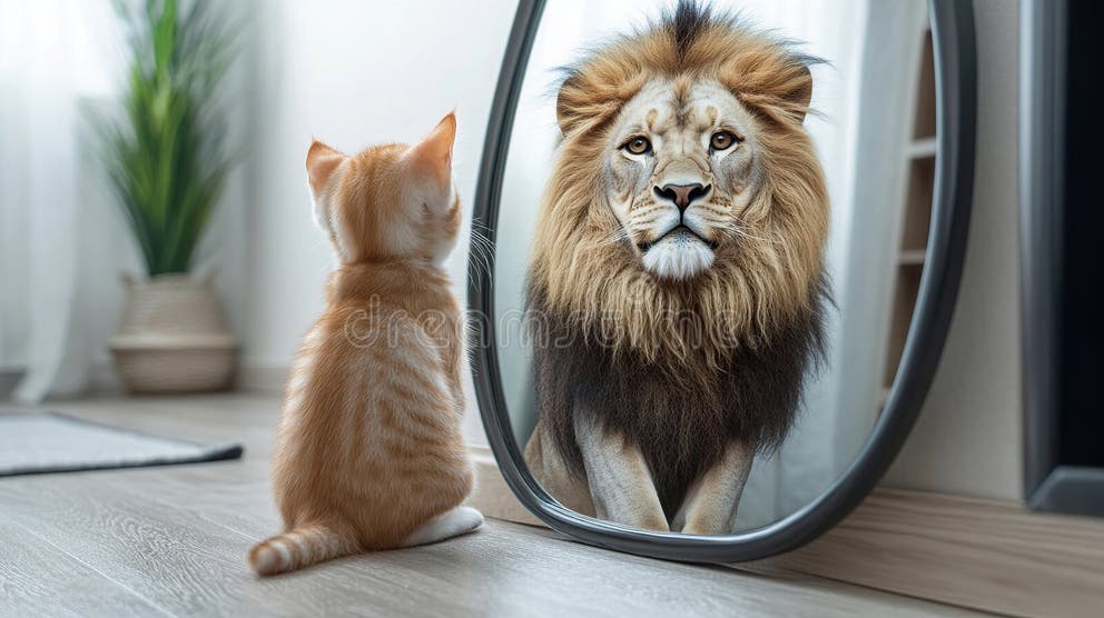 Kitten Sees Lion Reflection in Mirror, Potential, Future Stock ...