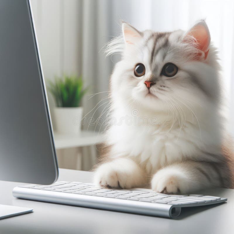 Kitten Sitting at the Computer. Stock Photo - Image of fluffy, internet ...