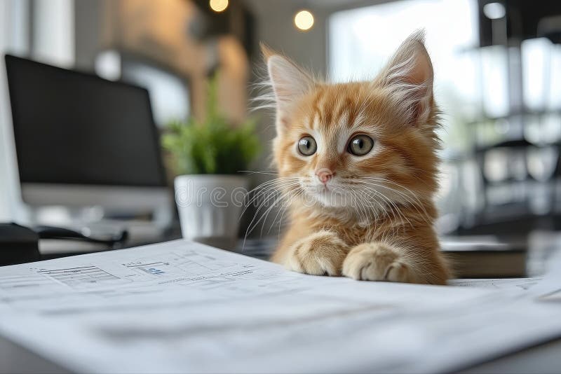 Kitten Sitting on Desk Next To Computer in an Office Environment with ...