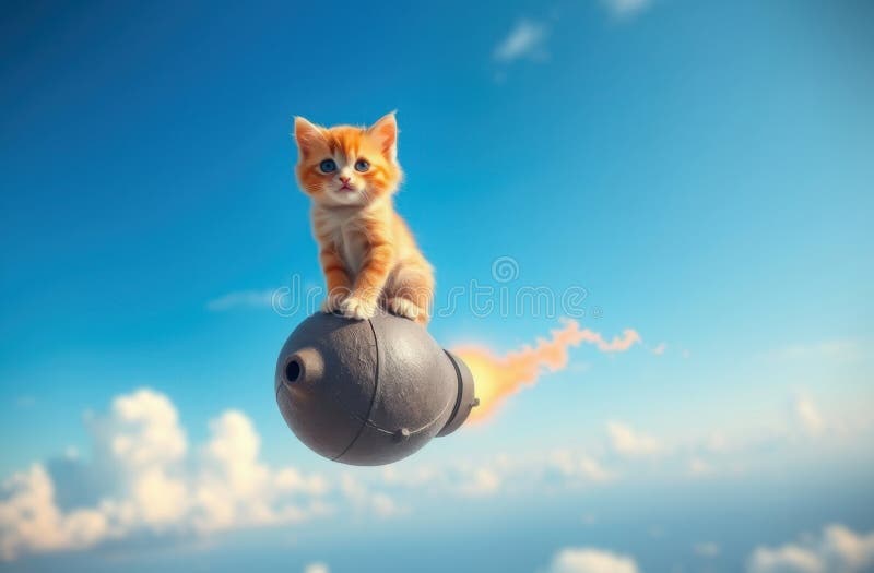 Kitten Sitting on a Flying Cannonball at 21-1-2025 Stock Illustration ...