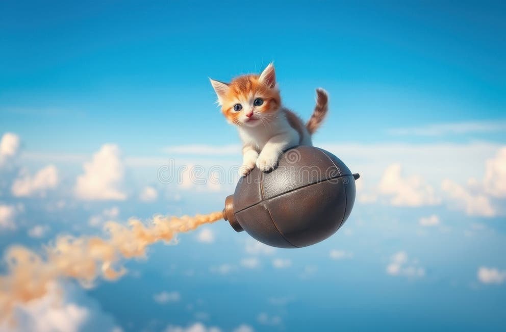 Kitten Sitting on a Flying Cannonball at 21-1-2025 Stock Illustration ...