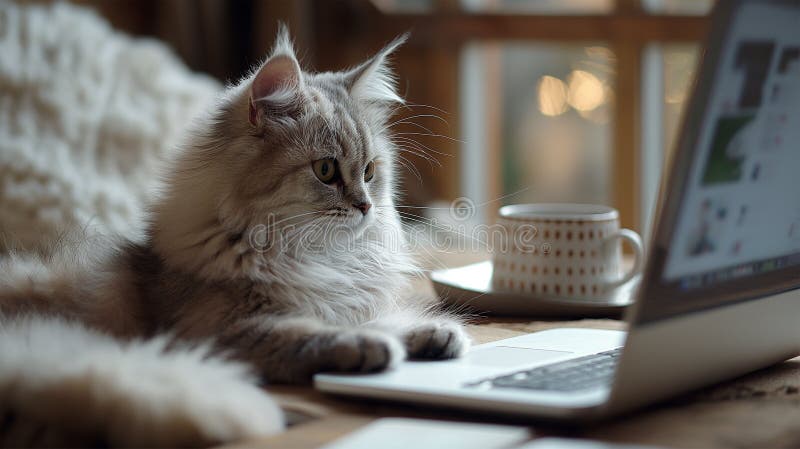 Kitten Sitting and Looking at Computer Screen Stock Illustration ...