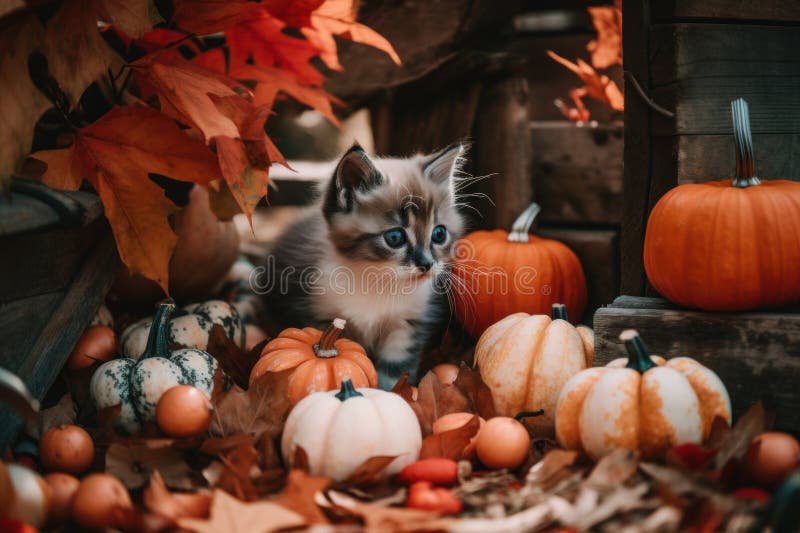 A Kitten Sitting among Pumpkins and Other Fall Decorations. Generative ...