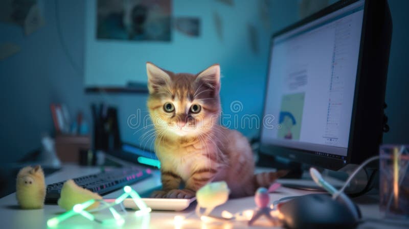A Kitten Sitting on Top of a Desk Next To a Computer. Generative AI ...