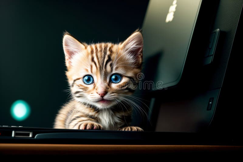 A Kitten Sitting on Top of a Laptop Computer. Generative AI Stock ...