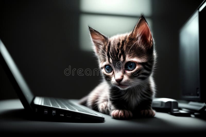 A Kitten Sitting on Top of a Laptop Computer. Generative AI Stock ...