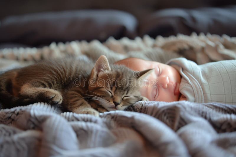 Kitten Sleeping on Babys Back during Their Nap Time Stock Photo - Image ...