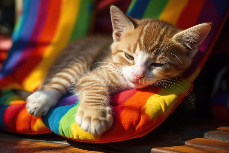 A Kitten Snoozing on Bright, Rainbow-colored Flip Flops Stock Image ...