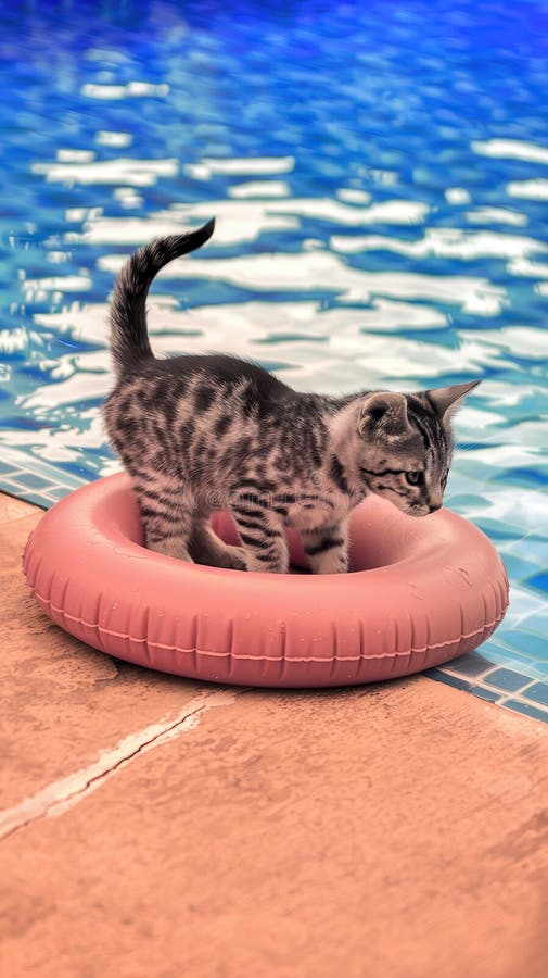 Kitten Standing on Inflatable Pool Float in Blue-Walled Swimming Pool ...