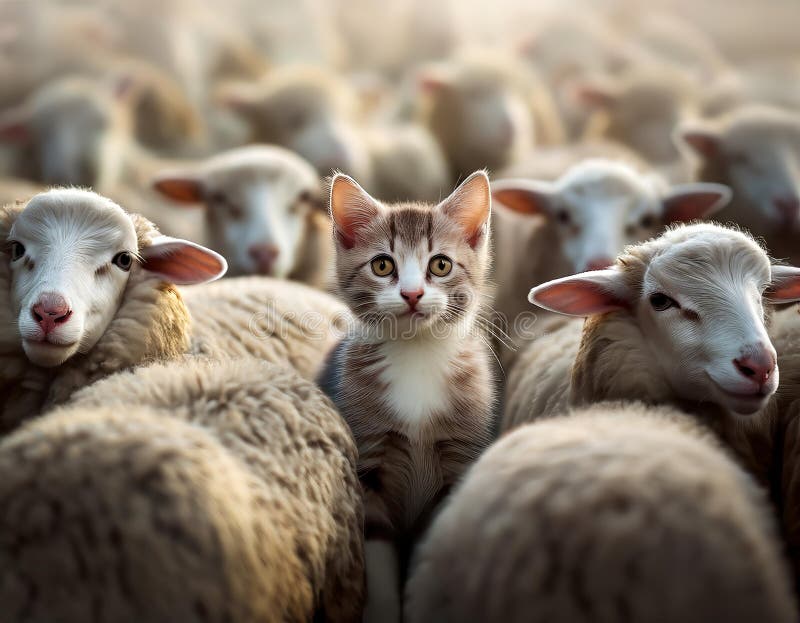 Kitten Standing among Sheep in a Field Stock Illustration ...