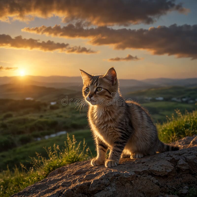 A Kitten Stands on a Rock at Sunset. Stock Illustration - Illustration ...