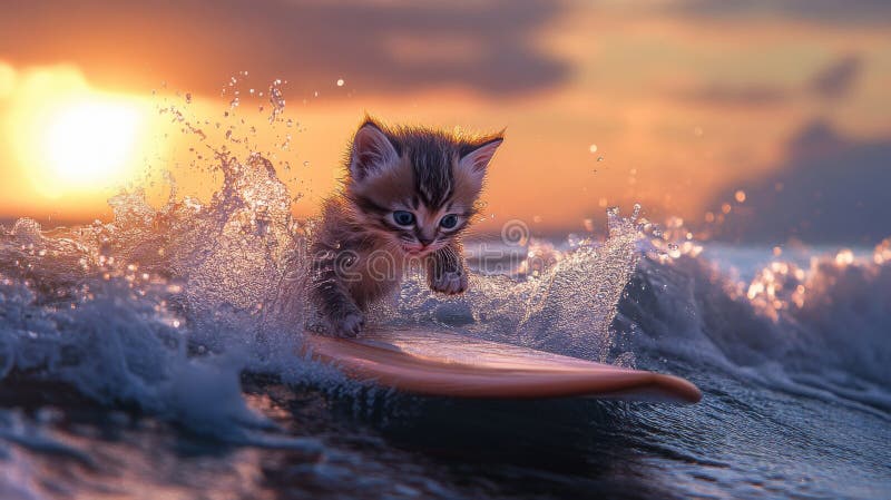Kitten Surfing through Ocean Waves at Sunset Stock Photo - Image of ...