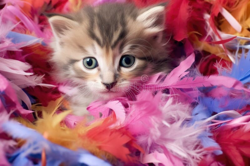 Kitten Tangled in Feather Boa, Playful Expression Stock Illustration ...