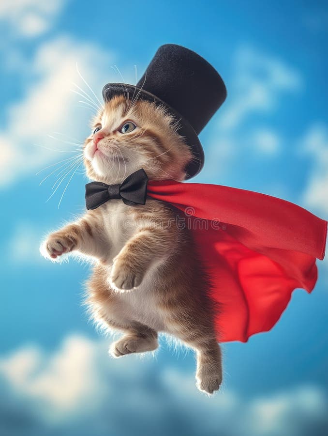 Flying Kitten with Top Hat and Cape Stock Photo - Image of fantasy ...