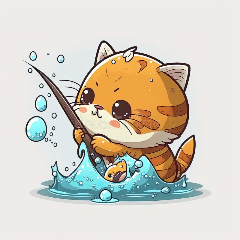 Kitten Try To Catch Fish Cartoon Chibi Style, AI Generative Stock ...