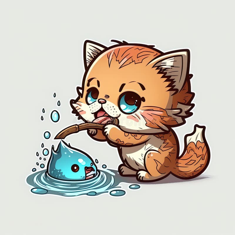 Kitten Try To Catch Fish Cartoon Chibi Style, AI Generative Stock ...