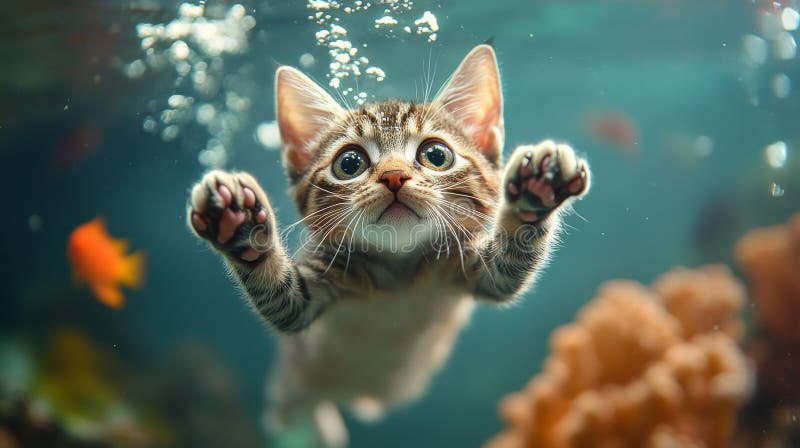 Kitten Underwater Adventure Playful Kitten Submerged Bubbles Aquatic ...