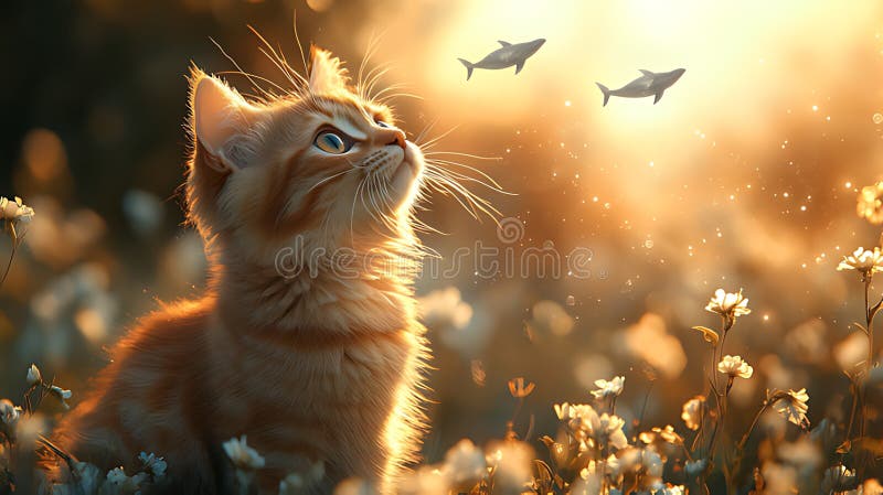 Kitten Watching Fish Sunset Meadow Fantasy Art Stock Illustration ...