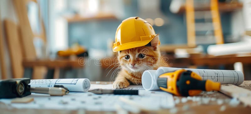 A Kitten Wearing a Hard Hat is Laying on a Table with Construction ...