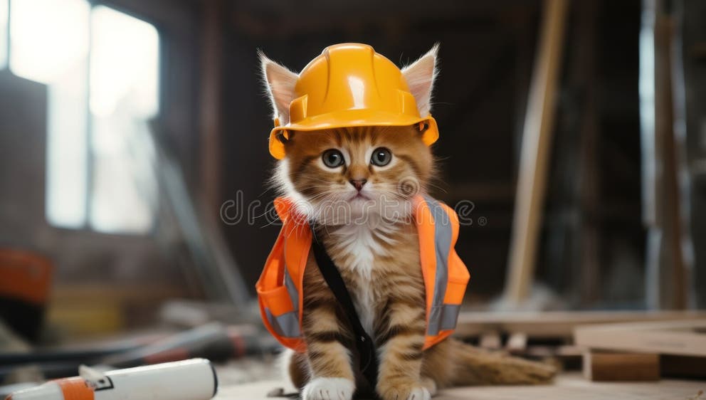 Kitten Wearing Helmet for Work Stock Image - Image of protection ...