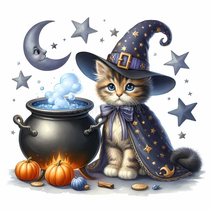 A Kitten Wizard Conjuring Spells beside a Bubbling Cauldron Under the ...