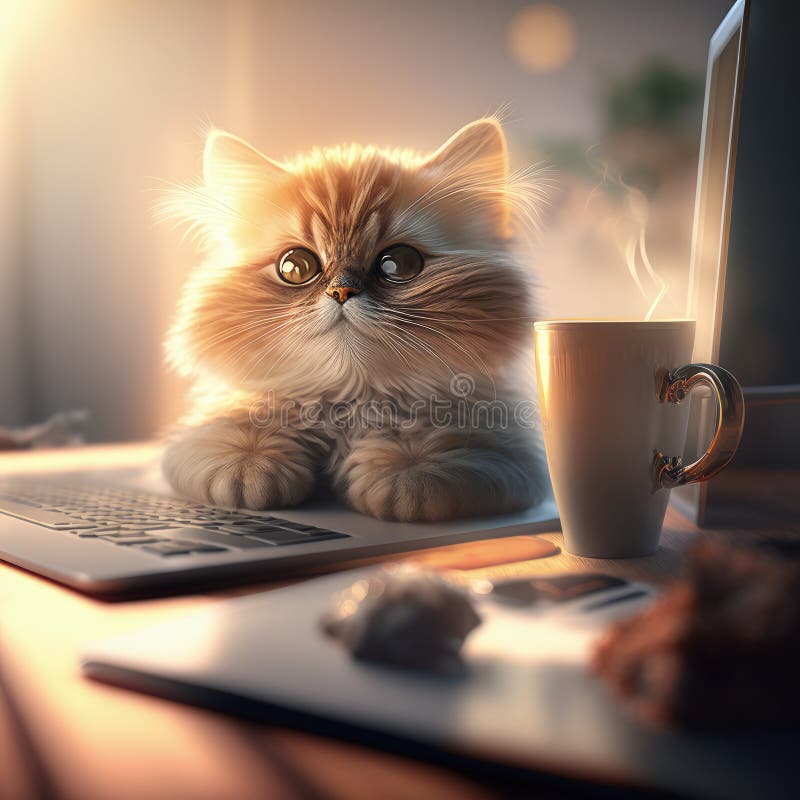 Kitten Working on Computer . AI Generated Illustration Stock ...