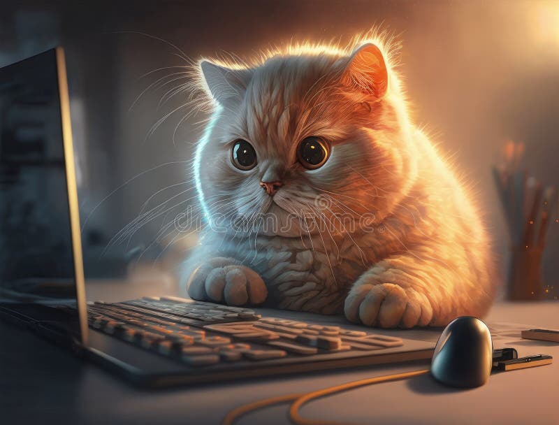 Kitten Working on Computer . AI Generated Illustration Stock ...