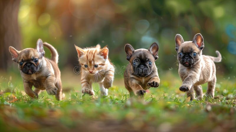 Kittens and Puppies Prancing through a Grassy Field. Stock Image ...