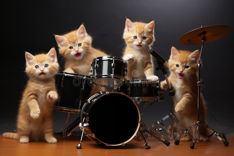 Kittens Sitting on Top of Drum Kit Ready for Performance Stock ...
