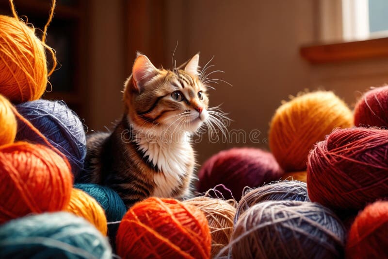Kitty Standing in Huge Pile of Yarn String Stock Illustration ...