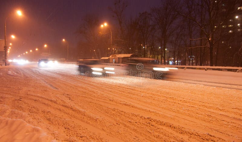 Kiyv Night Traffic in a Snowstorm Stock Image - Image of drifting ...