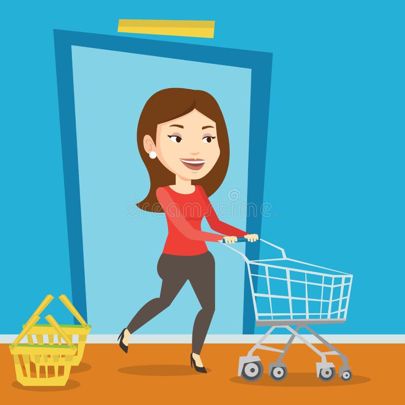 Klant Die De Winkel Met Karretje Tegenkomen Vector Illustratie ...