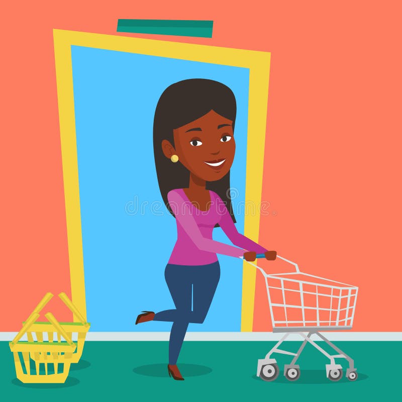 Klant Die De Winkel Met Karretje Tegenkomen Vector Illustratie ...