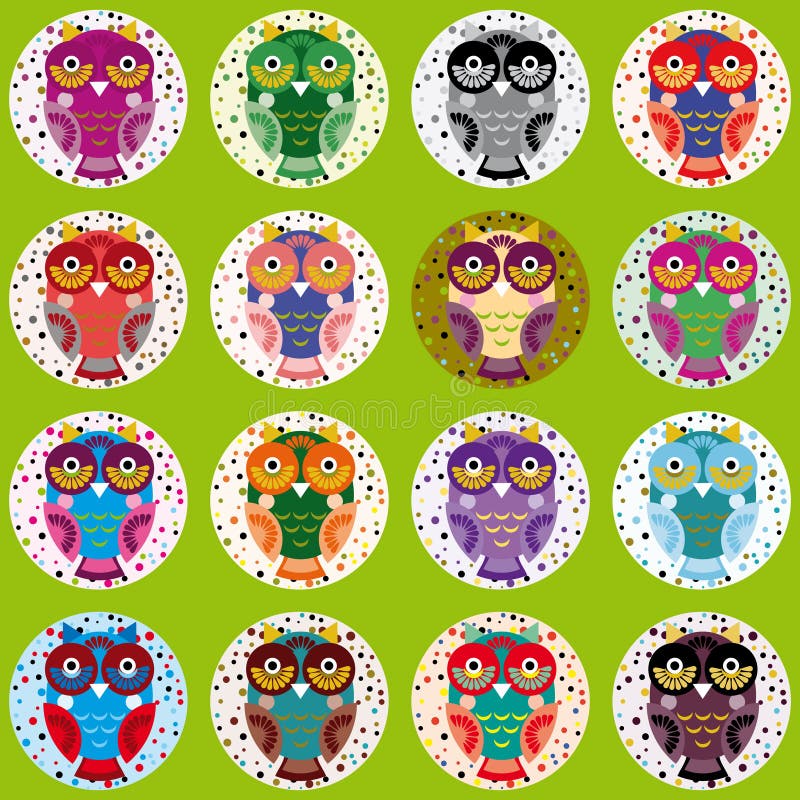 Kleine Grappige Uilen Op Groene Achtergrond Vector Vector Illustratie ...