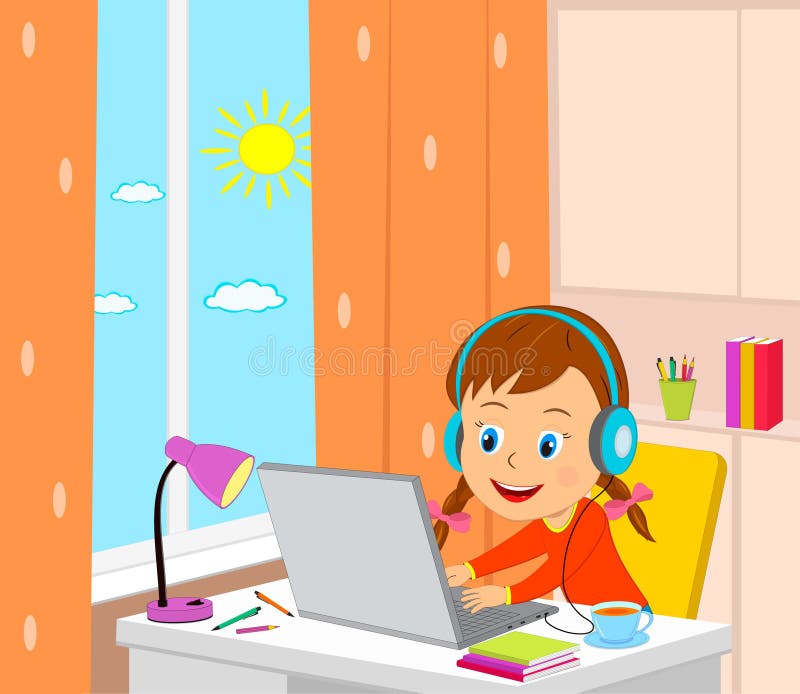 Kleines Cartoon-Mädchen Sitzt Mit Computer am Tisch Vektor Abbildung ...