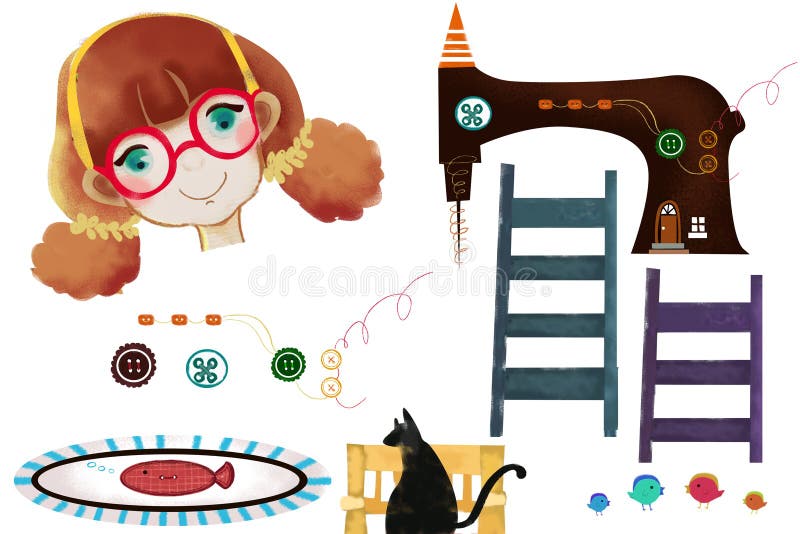 Klem Art Set: Naaimachine, Meisje, Ladder, Kat, Enz. Stock Illustratie ...