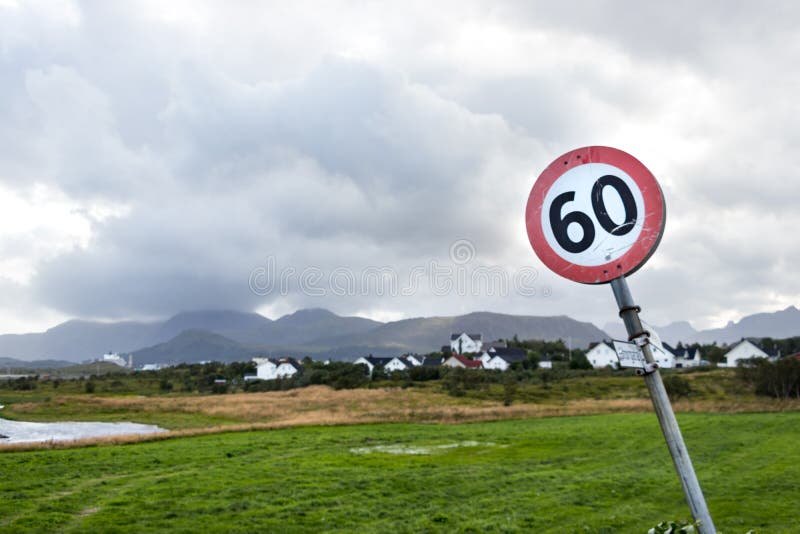 60 KM Maximun Speed Sign on a Road in Leknes, Norway Stock Image ...