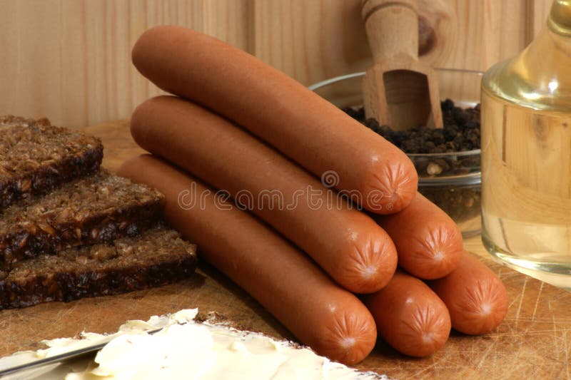 Knackwurst on a Timber Board Stock Photo - Image of meat, grilled: 15039286