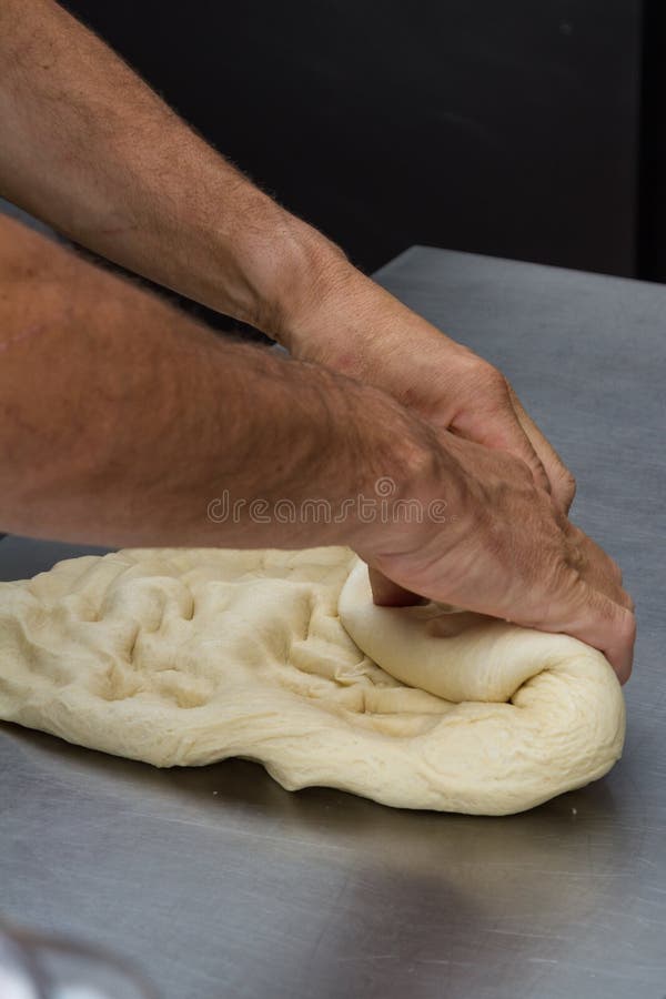 Chef Kneed a Dough on Table for Make Bread at Bakery Kitchen Stock ...