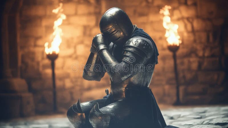 Medieval Knight Praying in a Castle with Torches Stock Illustration ...