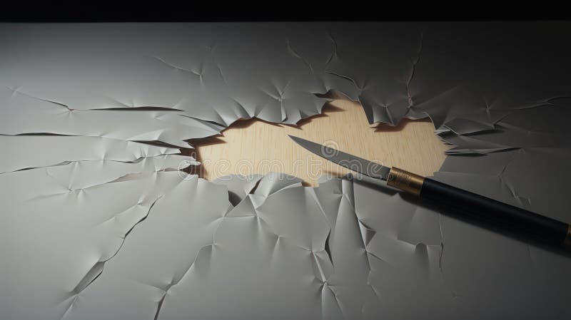 Knife on Broken Paper Surface, Creating the Illusion of Cutting through ...