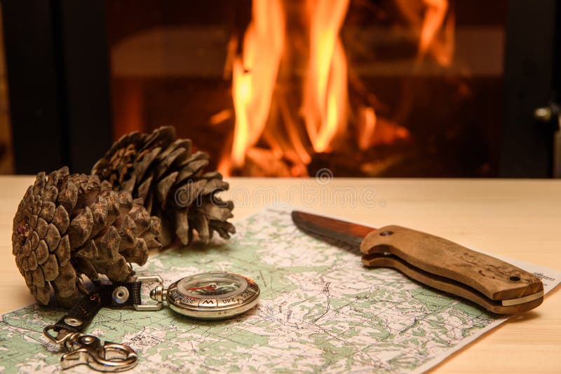 Knife Compass and Map Lie by the Fire. Stock Photo - Image of nature ...