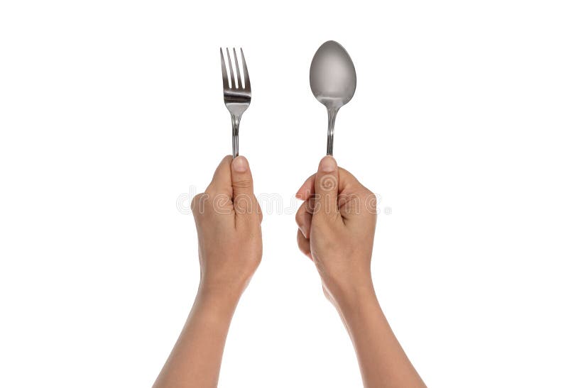 A Knife And Fork Being Held By Womans Hands. Stock Photo - Image of ...