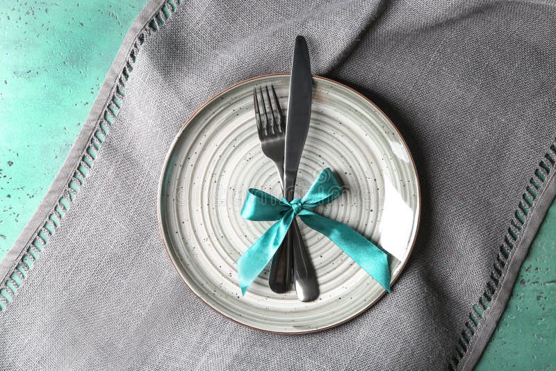 Knife, Fork and Plate on Color Table Stock Photo - Image of decor ...
