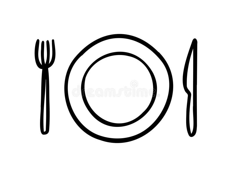 Knife, Fork, and Plate Outline. Table Setting Doodle Hand Drawn Icons ...